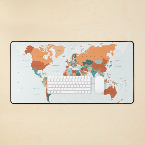 Desk Mat Map of the World in Burnt Orange and Teal Large Gaming Mouse ...