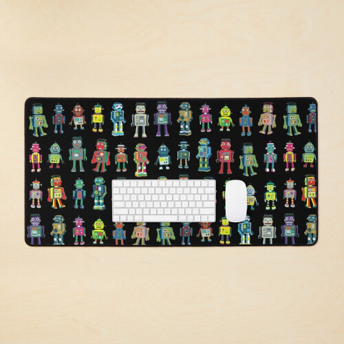 Desk Mat Robot Line-up on Black - fun pattern by Cecca Designs Large ...