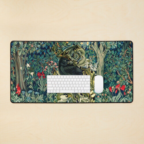 Desk Mat GREENERY, FOREST ANIMALS ,RAVEN ON ACANTHUS LEAVES Blue Green ...