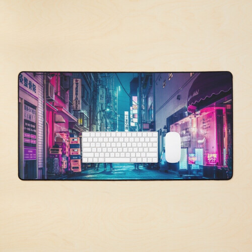 Desk Mat Tokyo Midnight Rain Pink and Blue aesthetic neon lights. Large ...