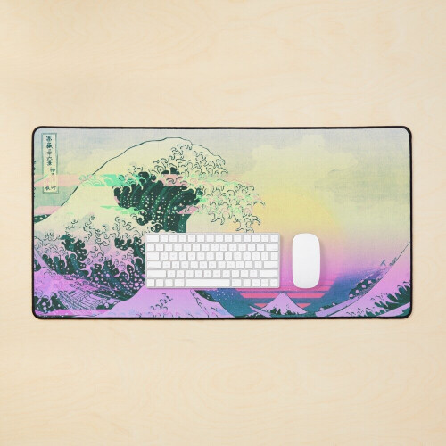 Desk Mat Aesthetic Vaporwave Great Wave Off Kanagawa Retro Large Gaming ...