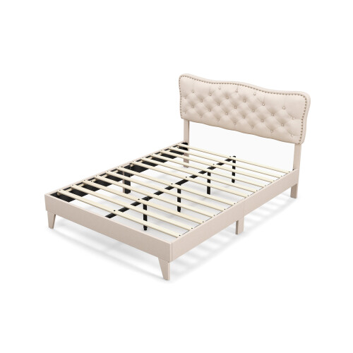 (Double, Beige) Bed Frame Platform Bed w/Tufted Headboard Wooden Slats ...