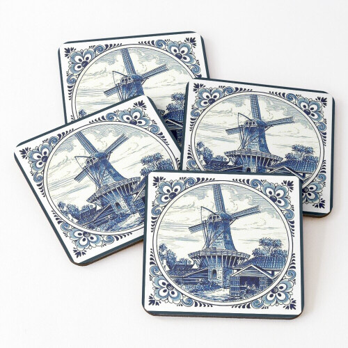 Leather Coasters DUTCH BLUE DELFT : Vintage Windmill Print Set of 4 / 4 ...