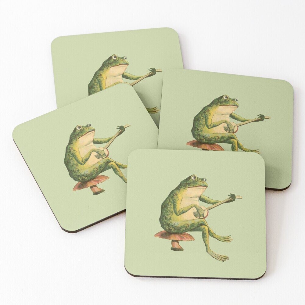 Leather Coasters Melancholic Vintage Frog Playing Banjo on Mushroom ...