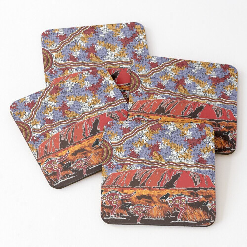 Leather Coasters Authentic Aboriginal Art - Uluru Ayers Rock Set of 4 / ...