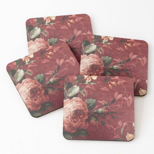 Leather Coasters Shabby Chic Vintage Cabbage Rose Burgundy Wallpaper ...
