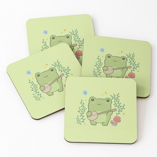 Leather Coasters Cute Kawaii Frog Playing Banjo - Toad Plant Fungi Blue ...