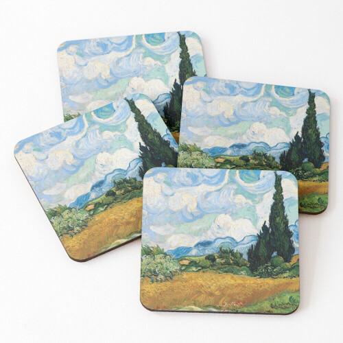 Leather Coasters Vincent Van Gogh - Wheat Field with Cypress Trees Set ...