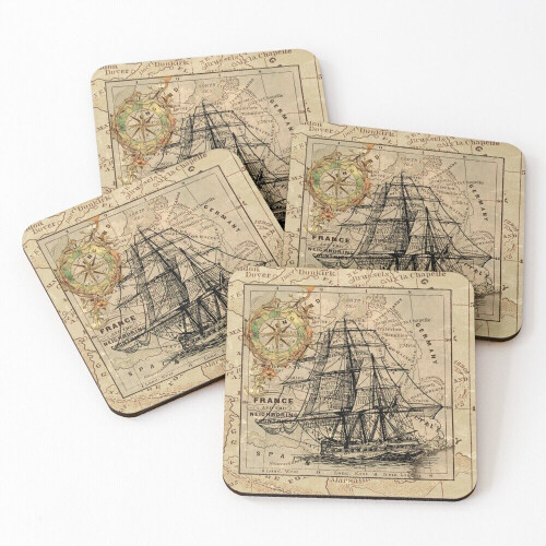 Leather Coasters vintage pirate ship sailor antique world map Set of 4 ...