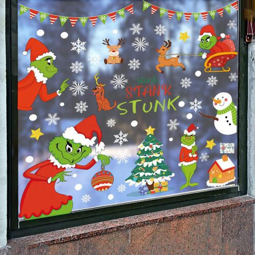 9 Sheets Grinch Christmas Window Clings Decorations on OnBuy