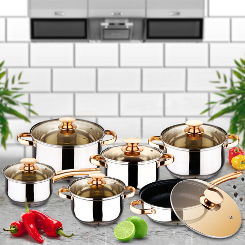 STAINLESS STEEL 12 Pcs INDUCTION HOB CASSEROLE POT COOKWARE SAUCEPAN ...