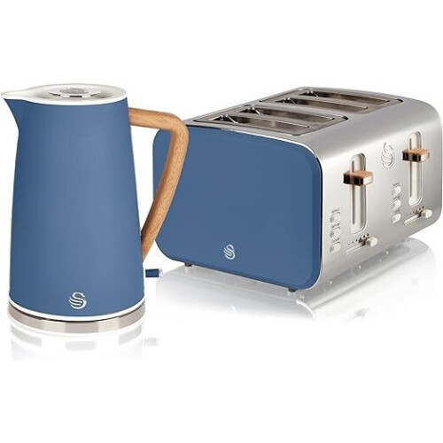 Blue Kitchen Set with 1.7 Litre Kettle and 4 Slice Toaster, Wood Effect ...