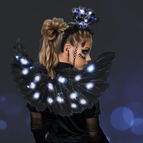 LED Angel Wings and Halo Headband, Halloween Light Up Black Wings ...