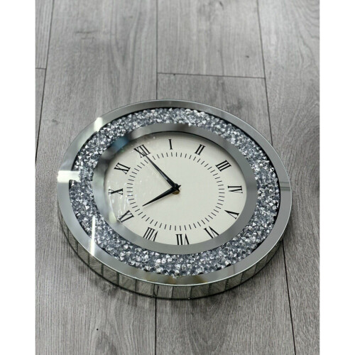 Silver Round Mirror Clock with Crushed Crystal Filled Diamond Crushed ...