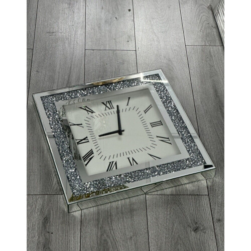 35x35cm square mirror wall clock with silver crushed crystal filling on ...