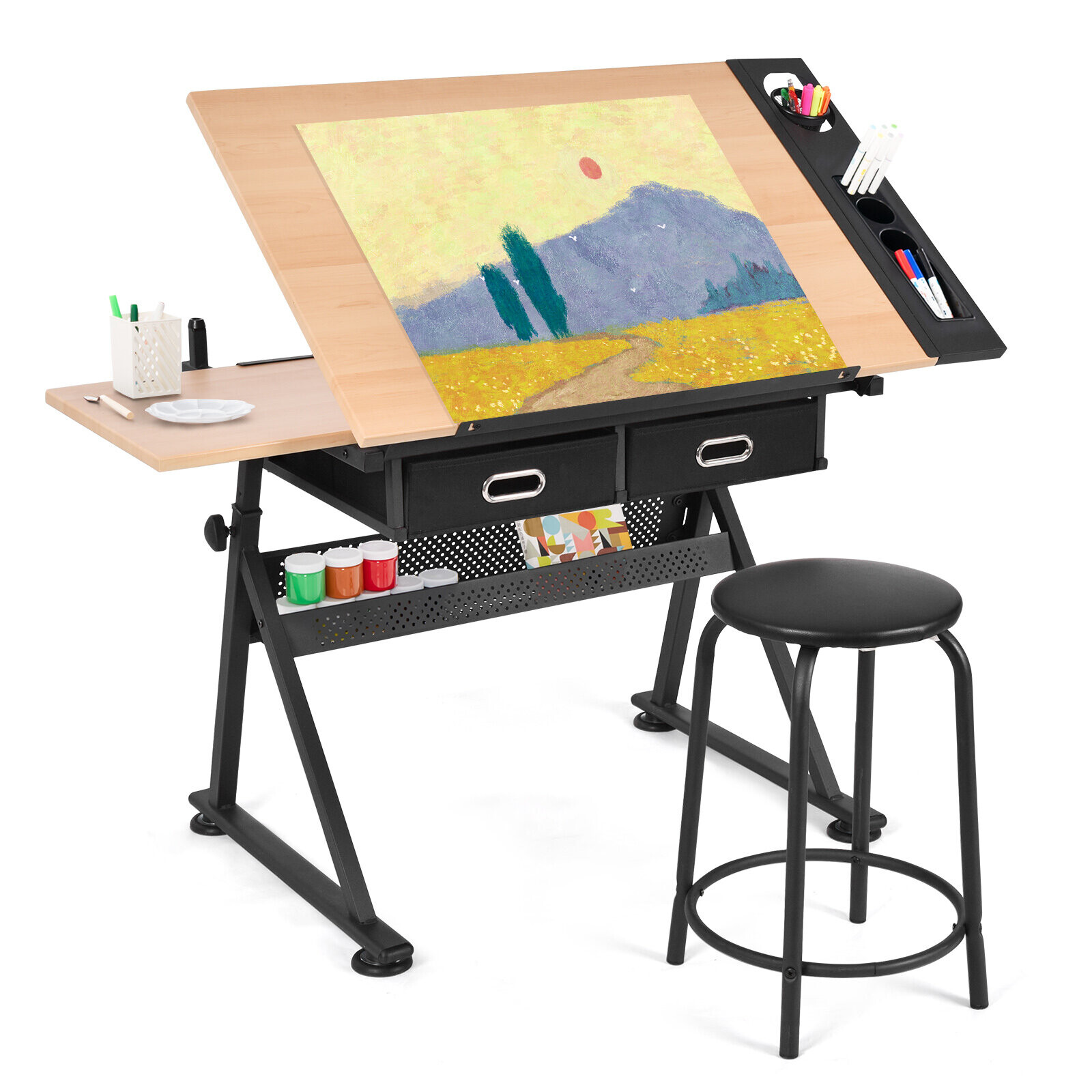 Adjustable Drawing Drafting Table w/ Tilting Tabletop 2 Drawers &Stool ...