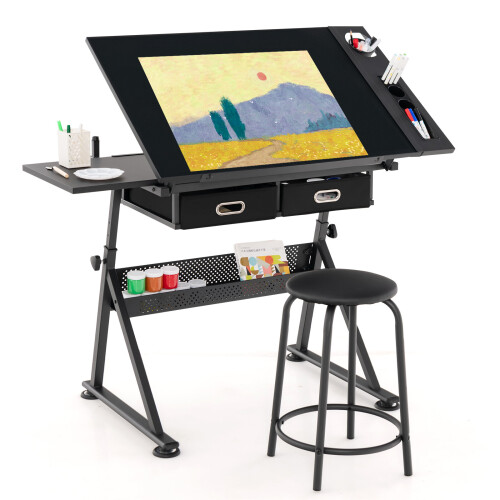 Adjustable Drawing Drafting Table w/ Tilting Tabletop 2 Drawers &Stool ...