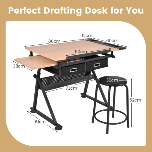 Adjustable Drawing Drafting Table w/ Tilting Tabletop 2 Drawers &Stool ...