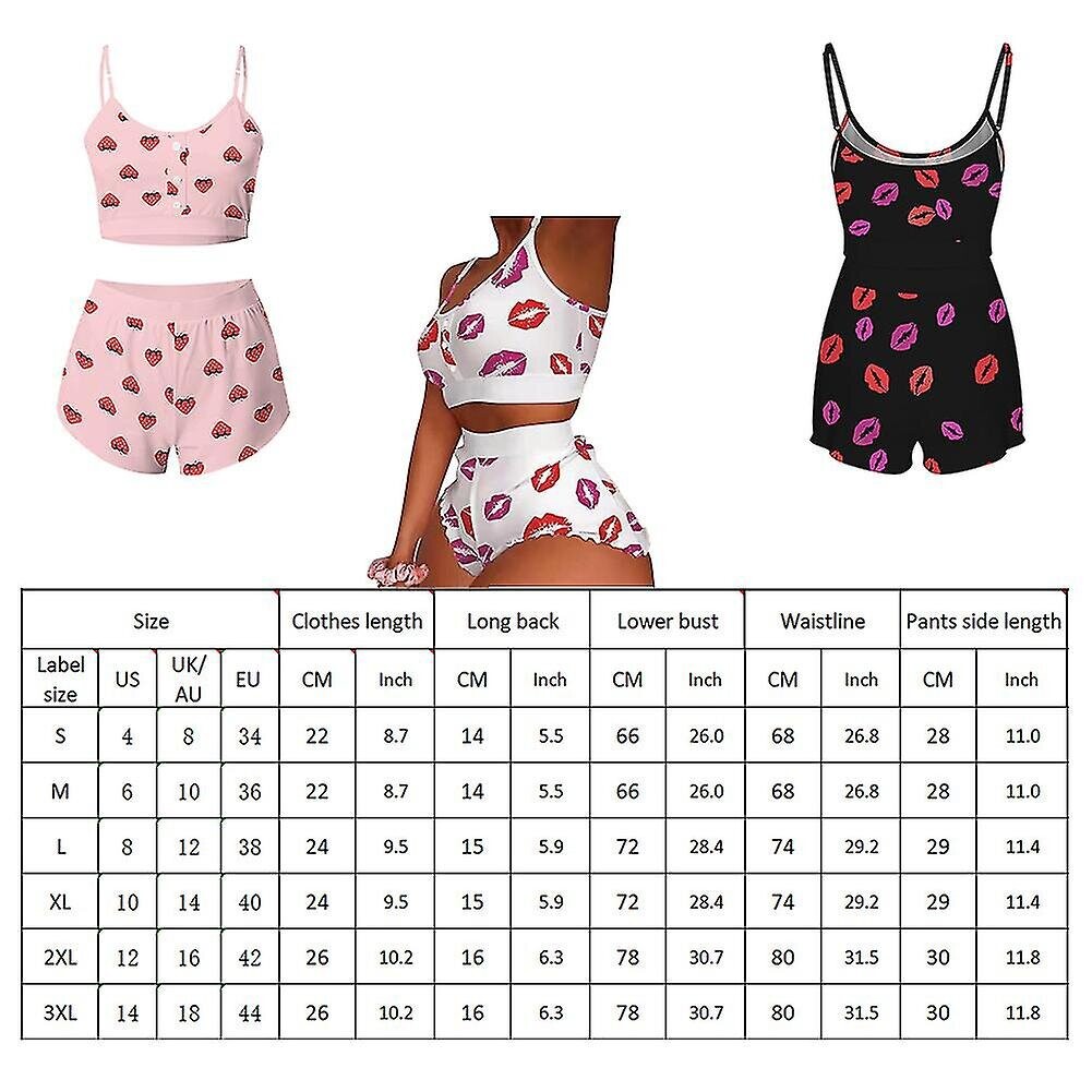 (White, S) Women's Summer Strawberry Print Pajama Set Cute Sexy Crop ...