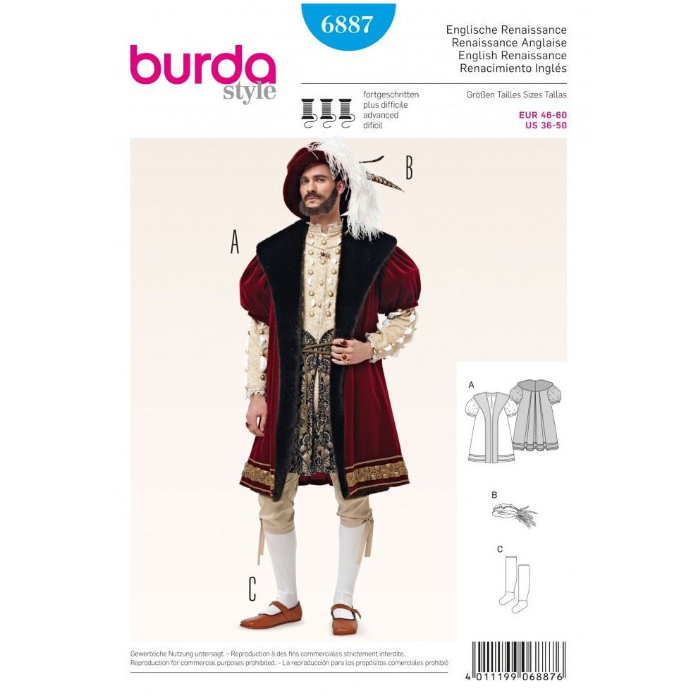 Burda Sewing Pattern 6887 Men 36-38-40-42-44-46-48-50 Costumes, Vintage ...