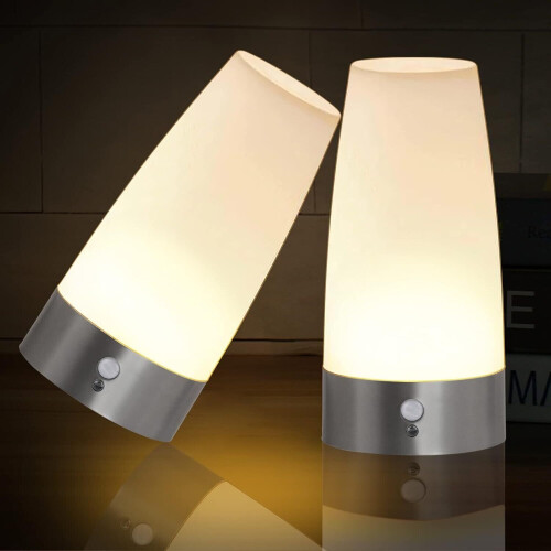 2Pcs LED Bedside Night Light Motion Sensor Battery Powered Table Lamp ...