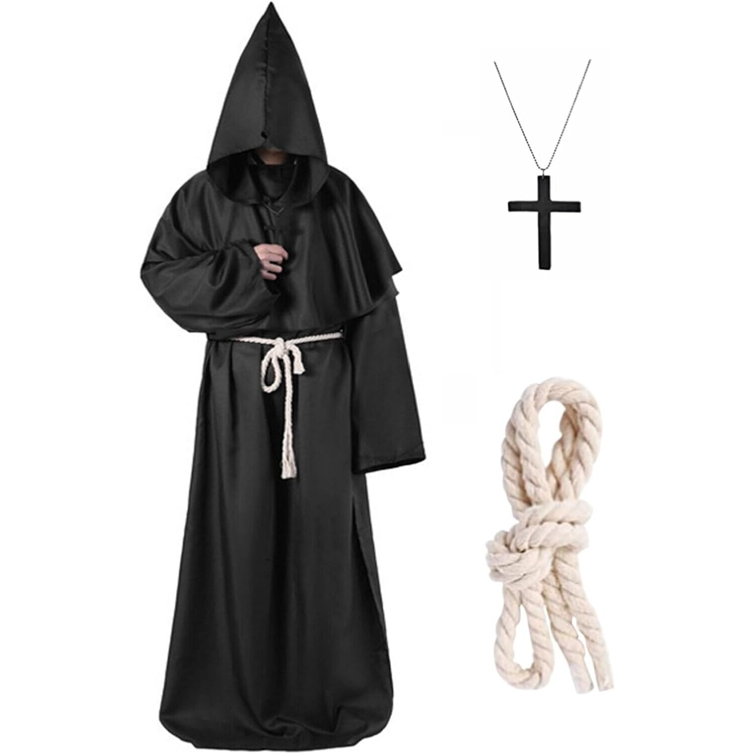 (Black,l, S,M,L,XL,XXL) Medieval Monk Costume Priest Hooded Robe with ...
