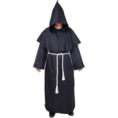 (B-black, XX-Large) Monk Robe Medieval Friar Monk Priest Hooded Robe ...
