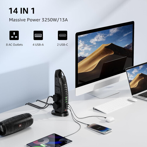 Tower Extension Lead USB Slots 2M 8 Way Outlets Multi Plug Extension ...