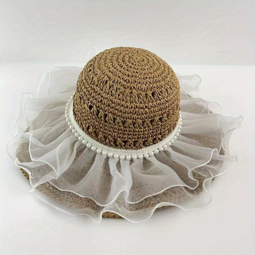 Double Layer Ruffles Sun Hat Lace Hollow Crochet Straw Bucket Hat Wide ...