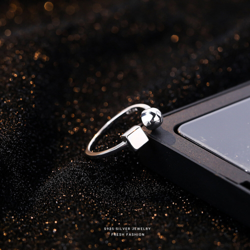 S925 Sterling Silver Geometric Square & Round Ball Head Open Ring For Girls on OnBuy