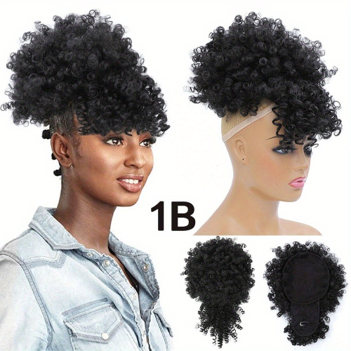 Short Afro Curly Hair Bun With Bangs Synthetic Chignon Wigs Drawstring ...