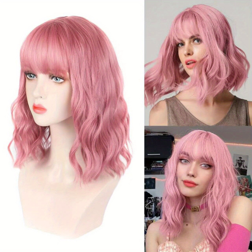 Costume Wig Pink Short Bob Curly Wavy Hair Wigs With Air Bangs Synthetic Short Wavy Shoulder ...
