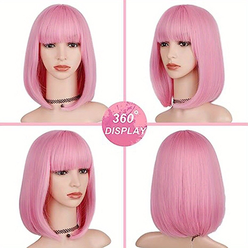 Pink Short Bob Wigs Straight Hair Wigs With Bangs Synthetic Fiber ...