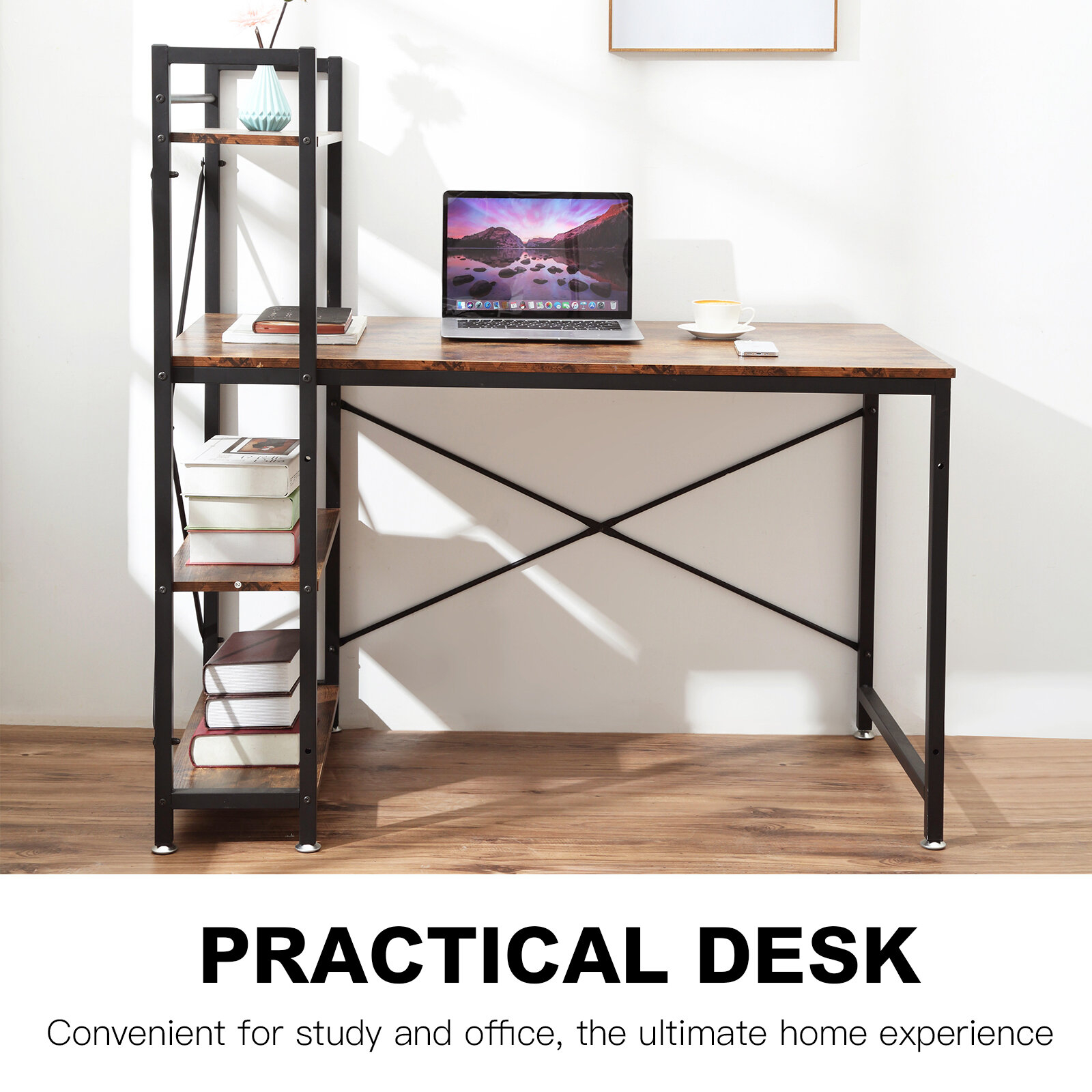 Desk 120 x 60 x 122cm Computer Desk With 4-layers of Storage Shelves ...