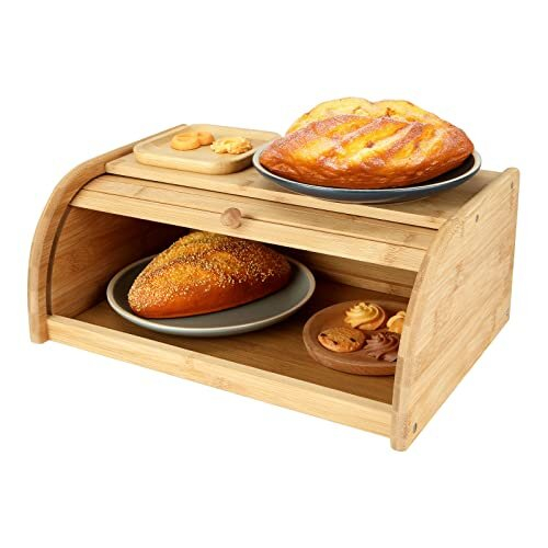 MIVIDE Wooden Bread Bin, Bamboo Bread Bin, 40x27x16.5CM Wooden Roll Top ...