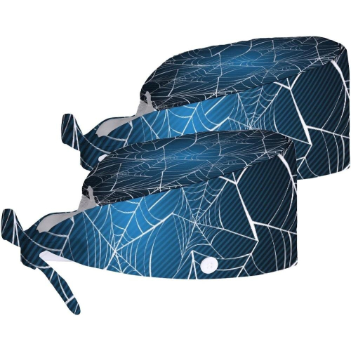 Adjustable Tie Back Work Hats Head Covers Halloween Spider Web On Blue ...