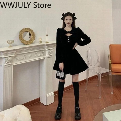 Velvet One Piece Dress Korea Long Sleeve Party Mini Dress Evening ...