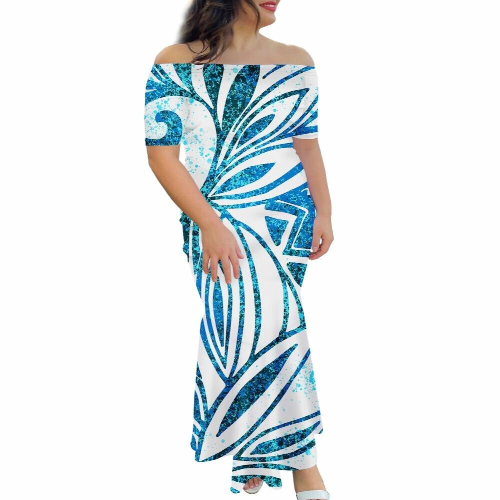 Womens Dress Polynesian Samoan Mermaid Style Drape Off Shoulder Dress ...