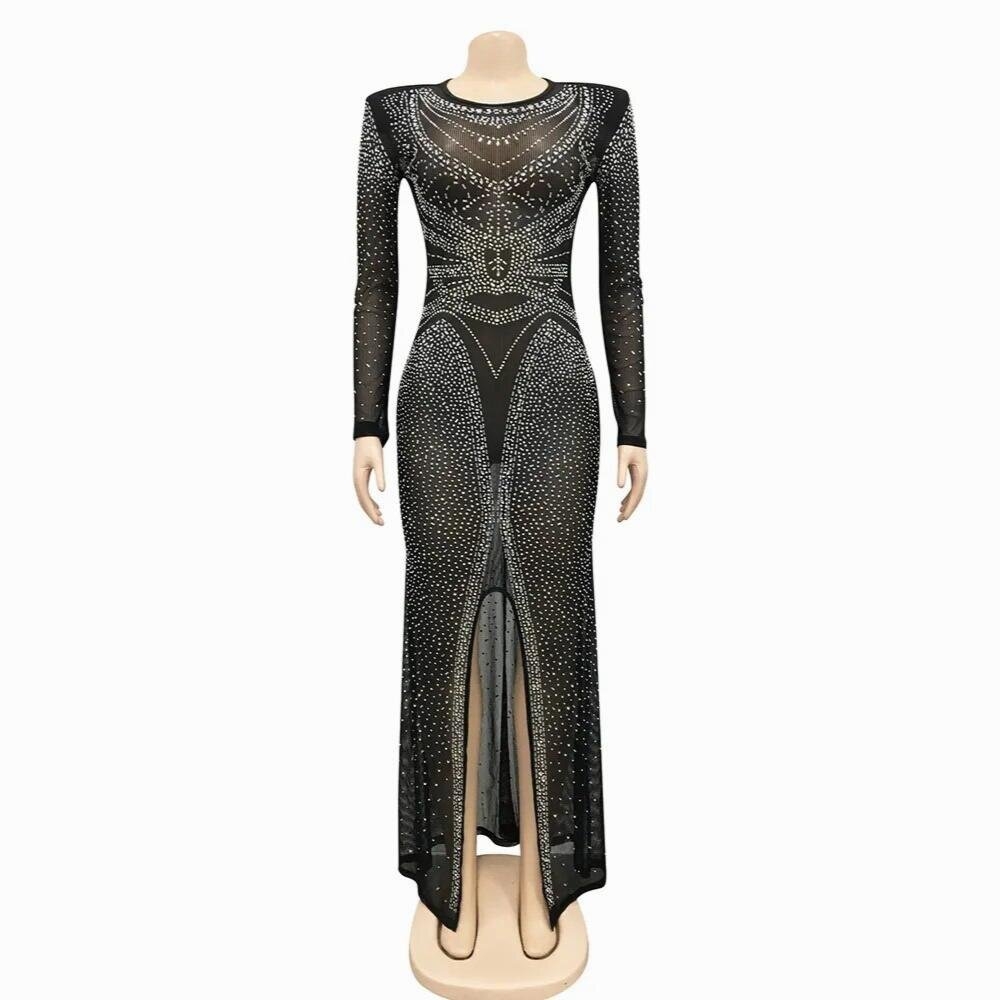 Kricesseen Sexy Women Crystal Mesh Sheer Maxi Dress Ladies Long Sleeve ...