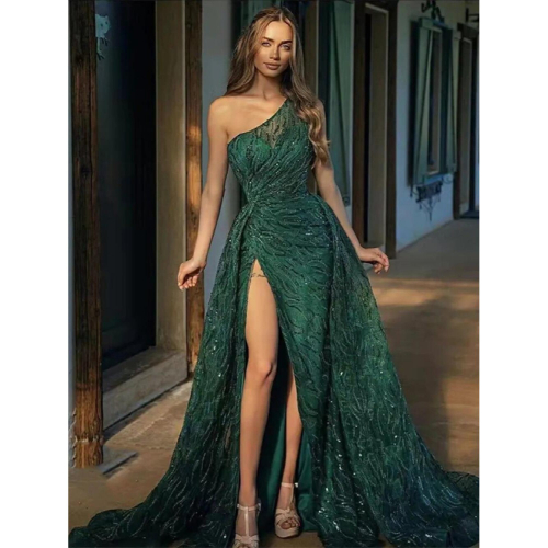 Women Sequin Off Shoulder High Split Dresses Female Inclined Shoulder ...