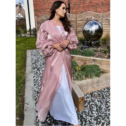 Petal Puff Sleeve Open Abaya Two Layers Muslim Eid Turkey Long Dress Kimono for Women Summer ...
