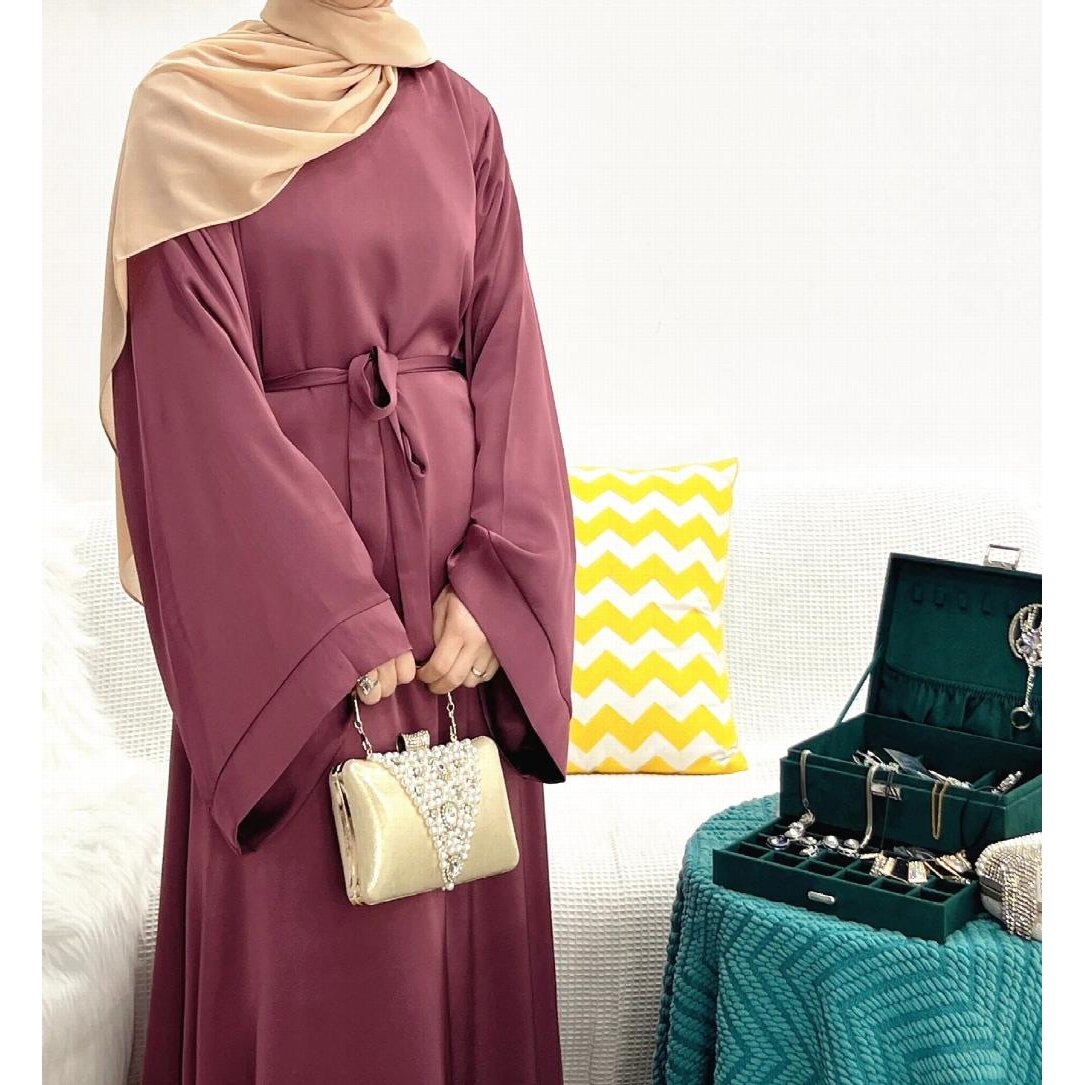 Plain Abaya Long Dress for Women Satin Belted Muslim Hijab Robe African Dresses Islam Dubai ...