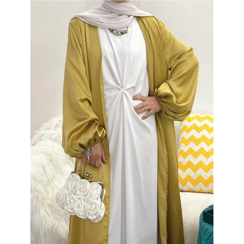 Ramadan Eid Plain Abaya Satin Kimono Cardigans Coat Puff Sleeves Muslim Women Hijab Robe Dubai ...
