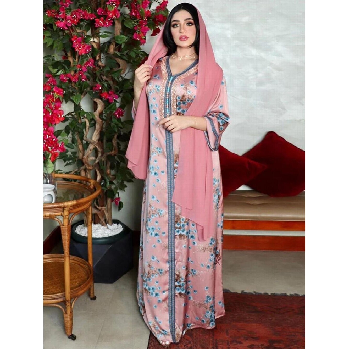 Diamonds Jalabiya Floral Print Women Long Arabic Dress Moroccan Braids ...