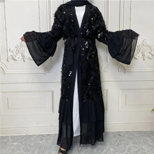 Open Abaya Turkey Muslim Hijab Dress Chiffon Flare Sleeve Sequin Ramadan Eid Abayas for Women ...