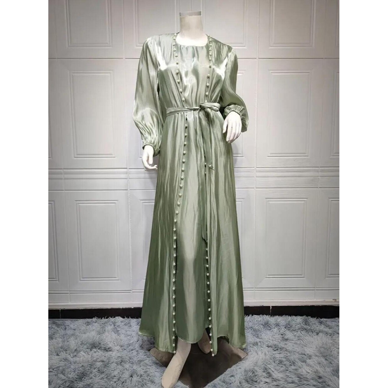 Beaded 2-piece Abaya Set Arabic Long Dress Suits Women Muslim Sets Open ...