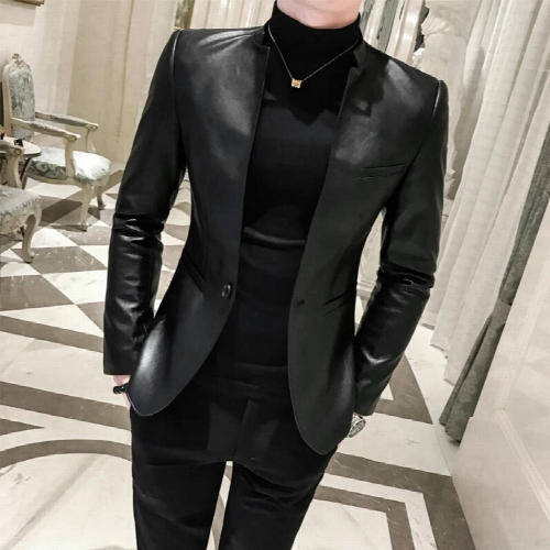 Stand Collar Slim Fit Blazer men Solid PU Leather Jacket Men One Button ...