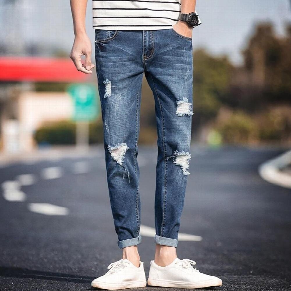 Smart Casual Slim Skinny Jeans Ripped Hole Strech Straight Denim Jeans ...