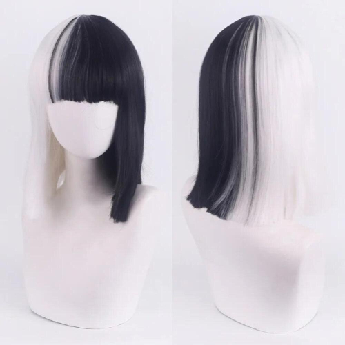 Long curly half half wig short straight Synthetic hair With Bangs ...