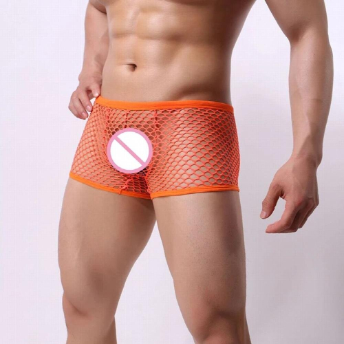 Mens Sexy Underwear Breathable Mesh Hollow Out Boxer Shorts U Convex